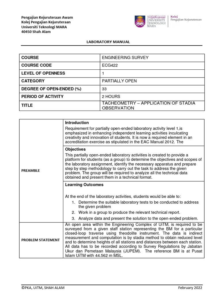 Project 4 - Lab Manual - LEVEL 1 - Tacheometry - Application of Stadia ...