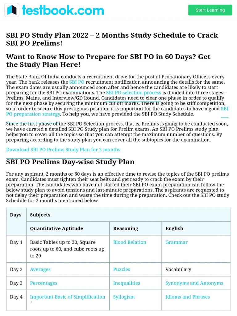 SBI PO Study Plan 2024 - 2 Months Study Schedule To Crack SBI PO ...