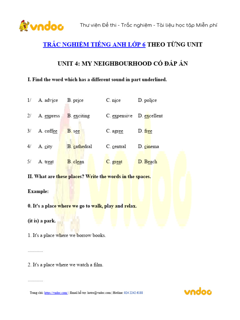 Bai Tap Tieng Anh Lop 6 Thi Diem Unit 4 My Neighbourhood | PDF