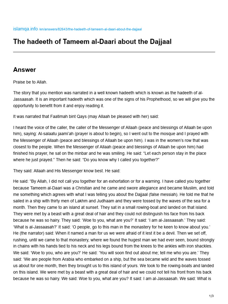 The Dajjaal: Tameem al-Daari's Hadeeth | PDF | Abrahamic Religions ...