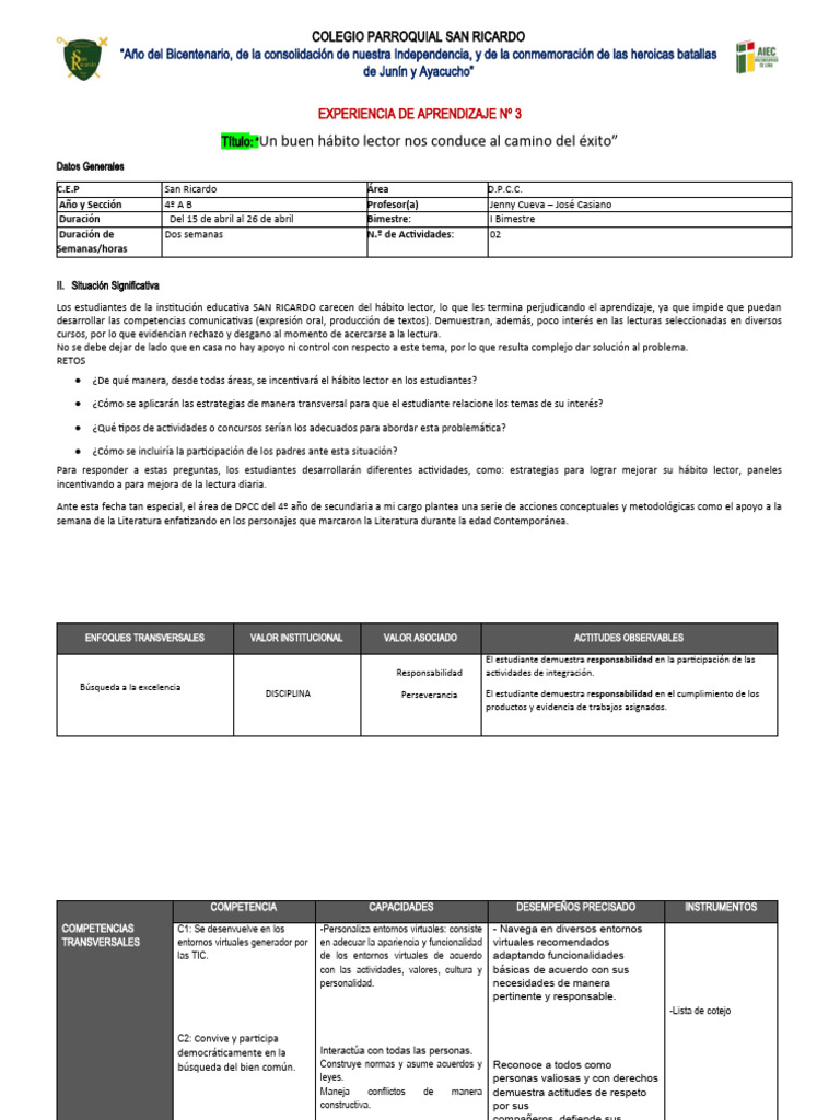 Experiencia de Aprendizaje 4 - 4to Año - Dpcc. | PDF | Evaluación | Aprendizaje