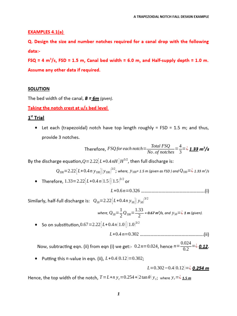 Trapezoidal Notch Design for Canal | PDF | Equations | Mathematics