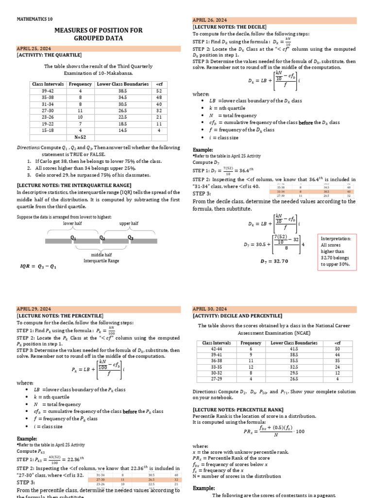 Home-Based Actvity - April 25-30 - Measures of Position For Grouped ...