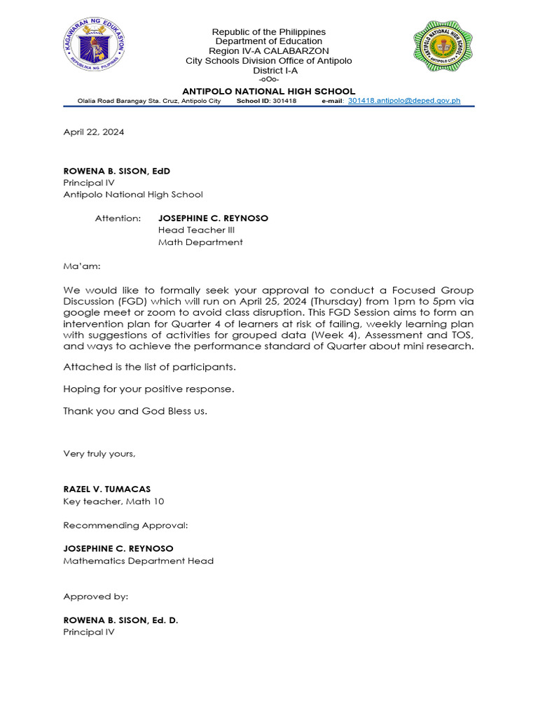 Antipolo National High School FGD Approval | PDF