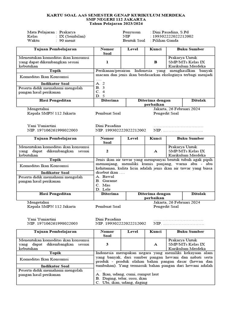 Kartu Soal Prakarya Kurikulum Merdeka | PDF