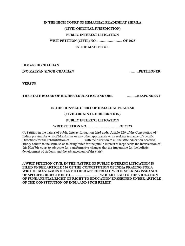 In The High Court of Himachal Pradesh at Shimla | PDF | Writ | Mandamus