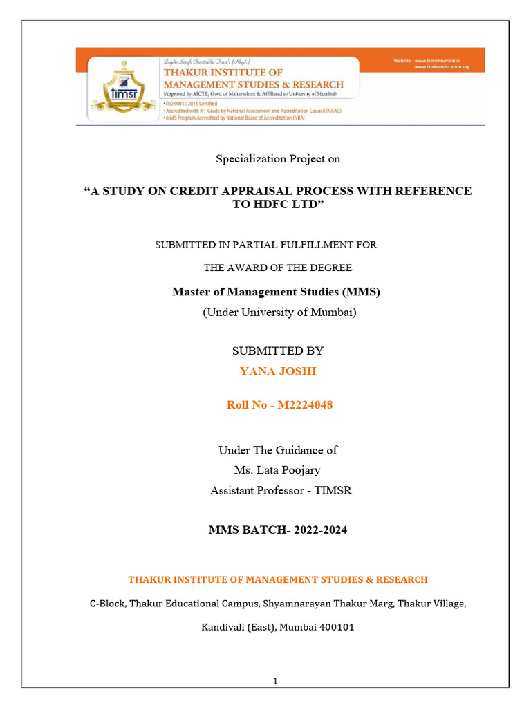 A Study On Credit Appraisal Process With Reference To HDFC LTD | PDF ...