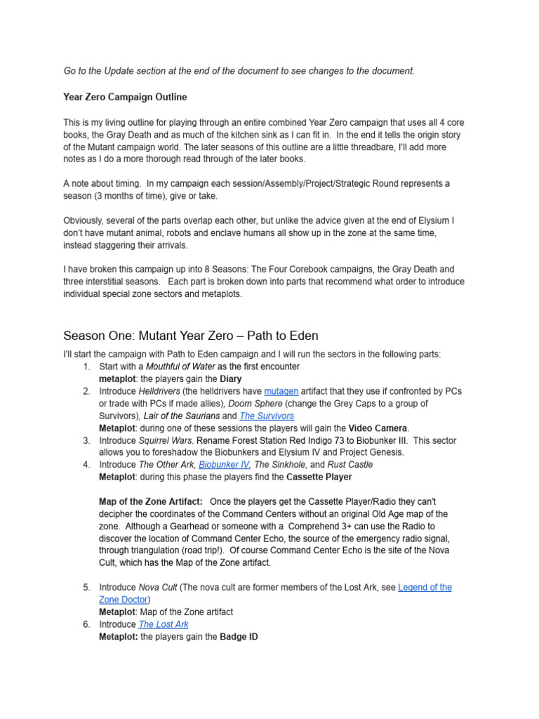 Year Zero Campaign Outline Summary | PDF