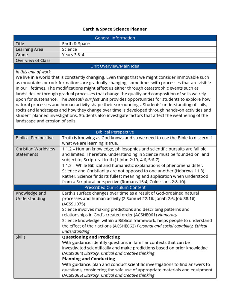 Y 4 Earth and Space Sciences Planner | PDF | Creativity | Science
