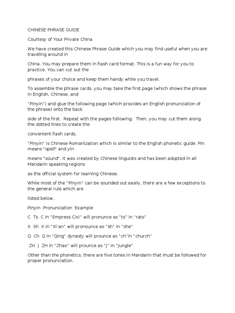 Chinese Phrase Guide | PDF | Pinyin | China