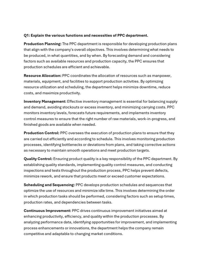 Q1 Explain The Various Functions and Necessities of PPC Dep | PDF ...