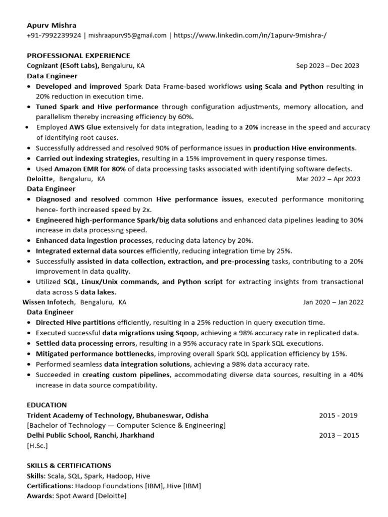 Apurv Mishra Resume Data Engineer | PDF | Apache Spark | Apache Hadoop