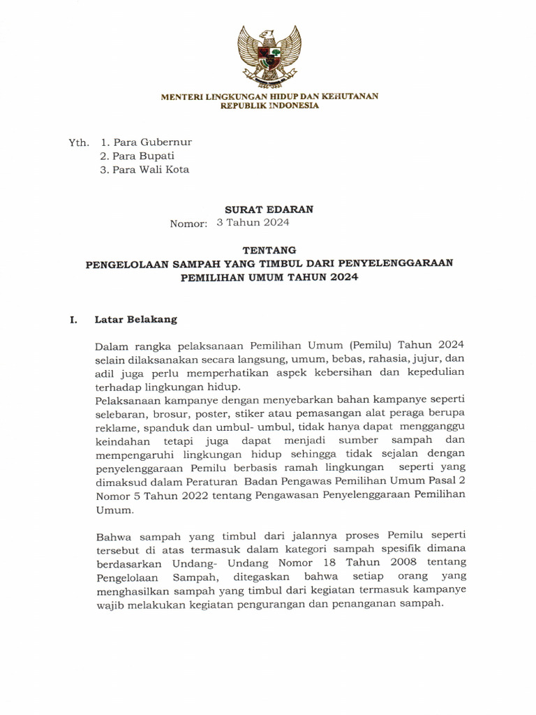 Surat Edaran Tentang Pengelolaan Sampah Yang Timbul Dari Penyelenggaraan Pemilihan Umum Tahun ...
