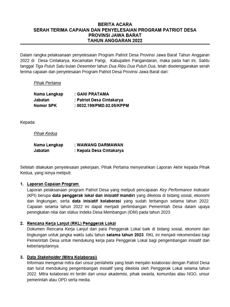 Format - BAST Patriot Desa Ke Desa (2022) | PDF