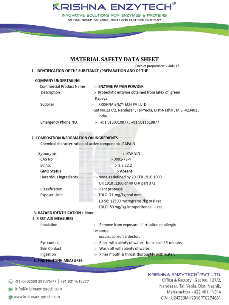 Papain Powder Safety Data Sheet | PDF | Chemistry | Occupational Safety ...