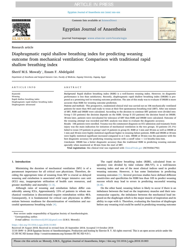 Diaphragmatic Index vs. RSBI in Weaning | PDF | Clinical Medicine ...