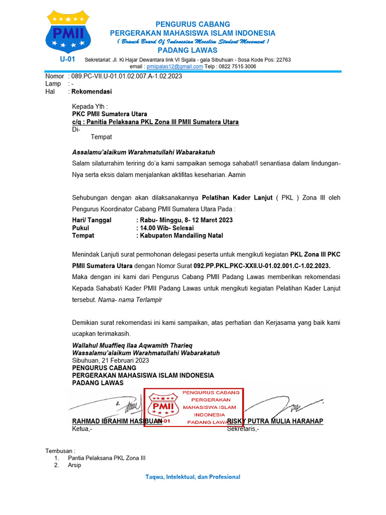 Rekomendasi Peserta PKL PMII Padang Lawas | PDF