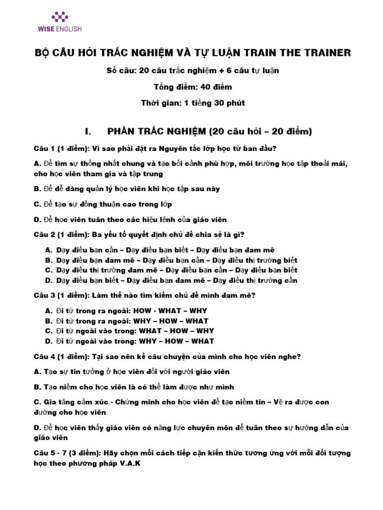 BỘ CÂU HỎI TRẮC NGHIỆM VÀ TỰ LUẬN TRAIN THE TRAINER | PDF