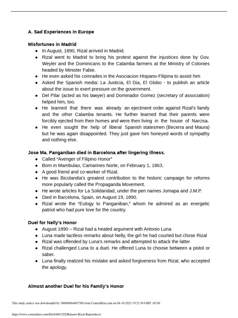 Balaoro Rizal Report | PDF | Philippines