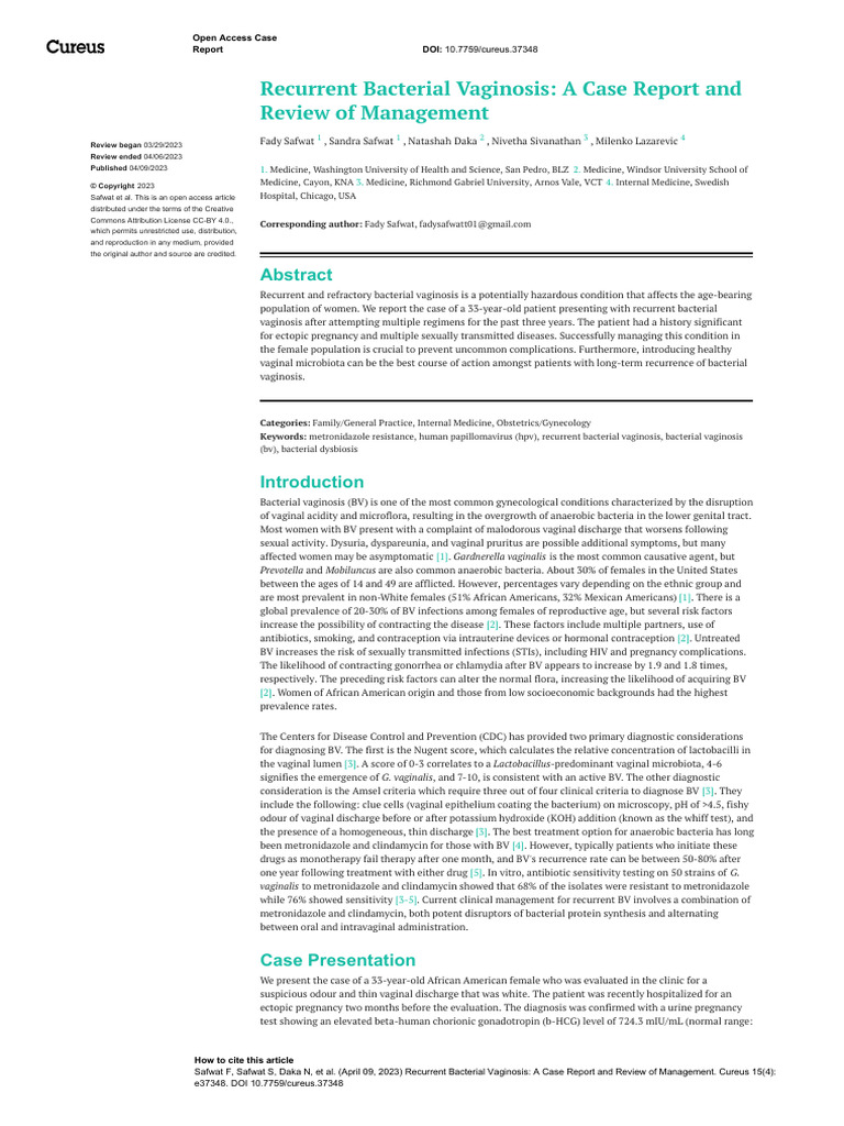 Recurrent Bacterial Vaginosis A Case Report and Re | PDF | Medical ...