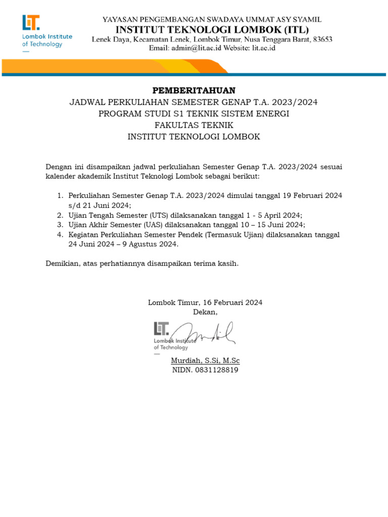 TSE - Jadwal Kuliah Genap 2023-2024 | PDF