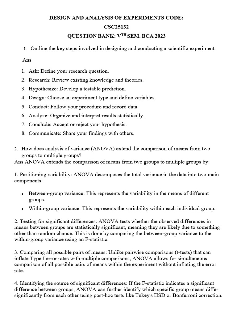 Design and Analysis of Experiments QB | PDF | Analysis Of Variance | Statistics