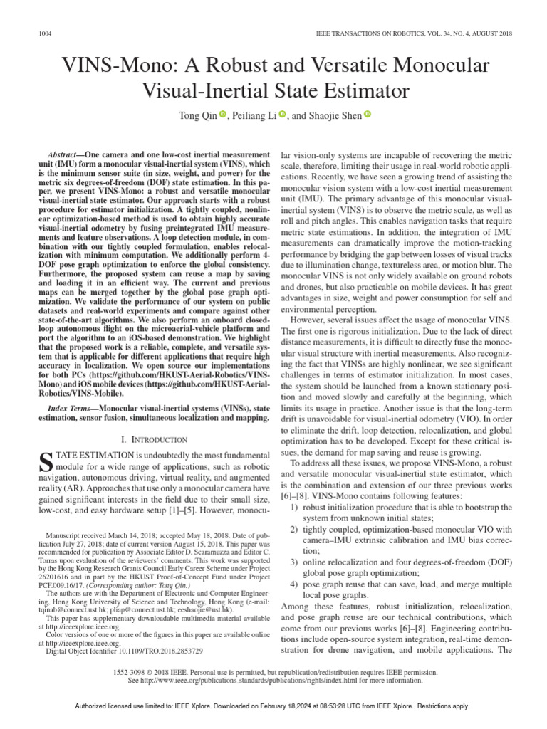 VINS-Mono-A Robust and Versatile Monocular Visual-Inertial State Estimator (2018) | PDF ...