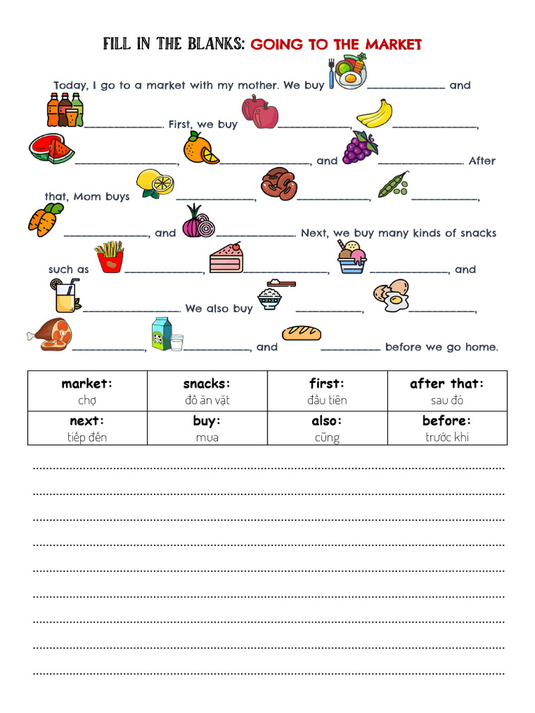 Market Shopping Fill-in-the-Blanks Activity | PDF