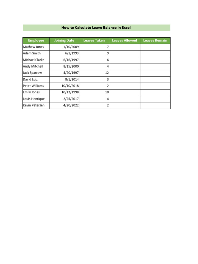 How To Calculate Leave Balance in Excel | PDF