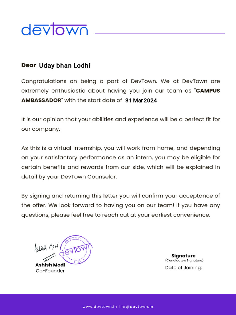 Campus Ambassador - Offer Letter PDF | PDF