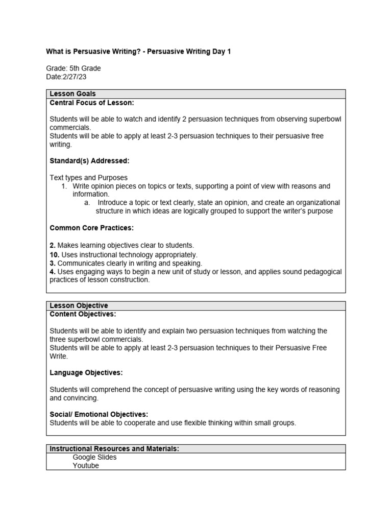Persuasion Writing Day 1 Lesson Plan 1 | PDF | Persuasion | Teachers