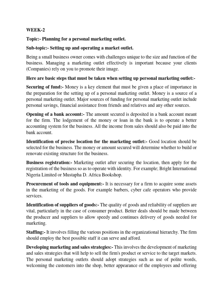 8860 - MARKETING WEEK 2 - Planning For A Personal Marketing Outlet. | PDF | Marketing | Banks