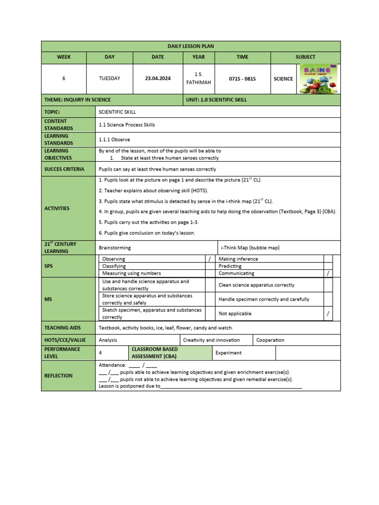 M6 RPH SNS 1 FTH | PDF | Science | Lesson Plan