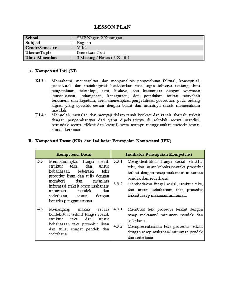 Lesson Plan Procedure Text 1 | PDF