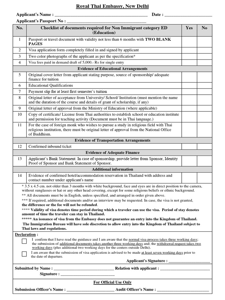 Non-Immigrant ED Visa Checklist Thailand | PDF | Travel Visa ...