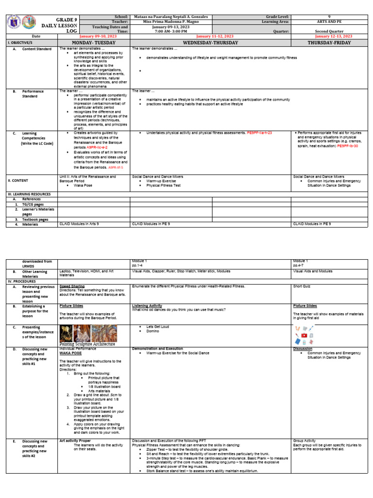2Q Arts Pe9 W1 DLL 2022-2023 Magno | PDF | Learning | Physical Fitness