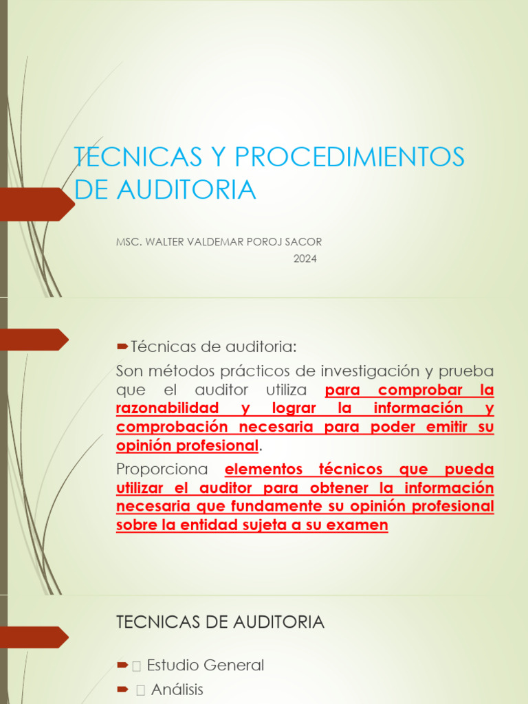(Diapositivas) Tecnicas y Procedimientos de Auditoría 2024 WP | PDF | Auditoría | Contralor