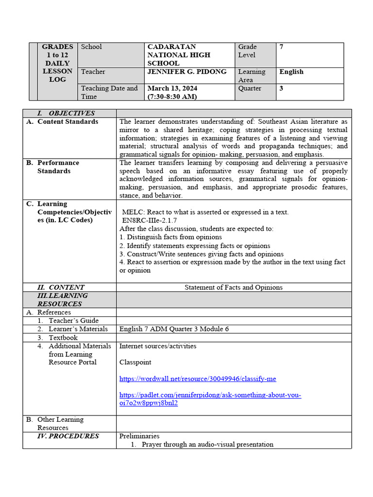 MARCH-22-DLL-observation-english-7 | PDF | Learning | Feeling