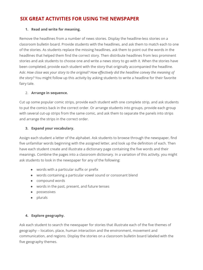 Classroom Newspaper Activities | PDF | Newspapers | Word