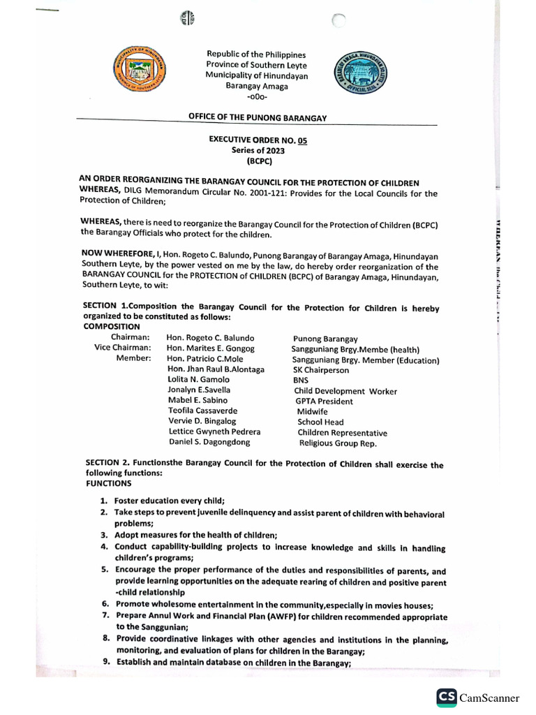 Executive Order of BCPC | PDF | Disaster Risk Reduction