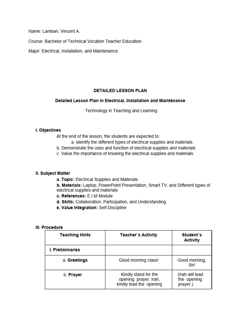 Lesson Plan For TTL 2 | PDF | Electrical Wiring | Electrical Connector