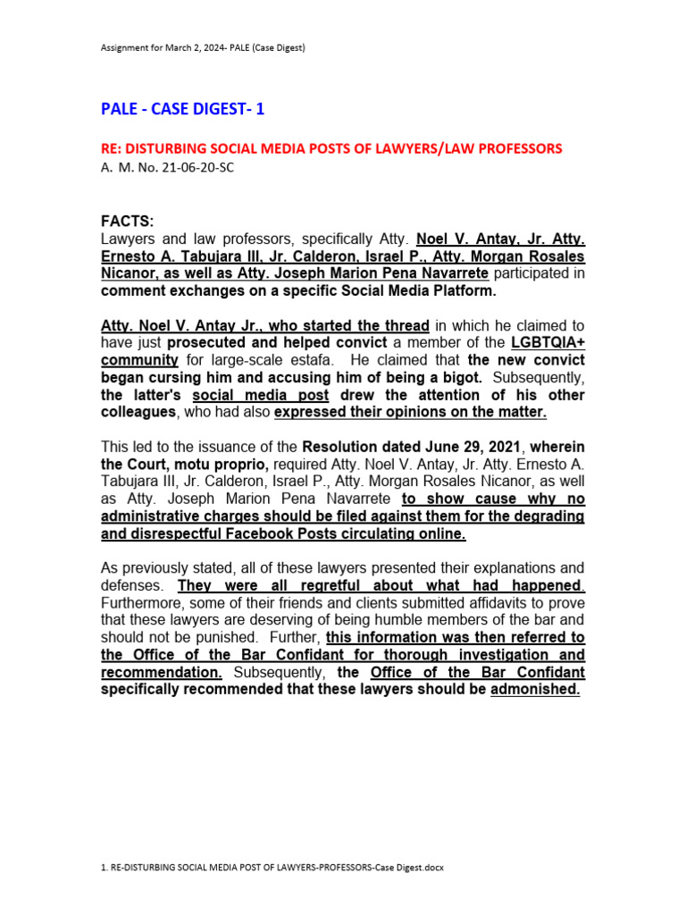 RE-DISTURBING SOCIAL MEDIA POST OF LAWYERS-PROFESSORS-Case Digest | PDF ...