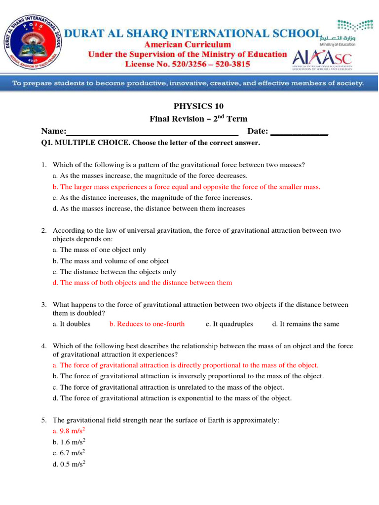 Physics 10 Revision Answer Key | PDF | Force | Gravity
