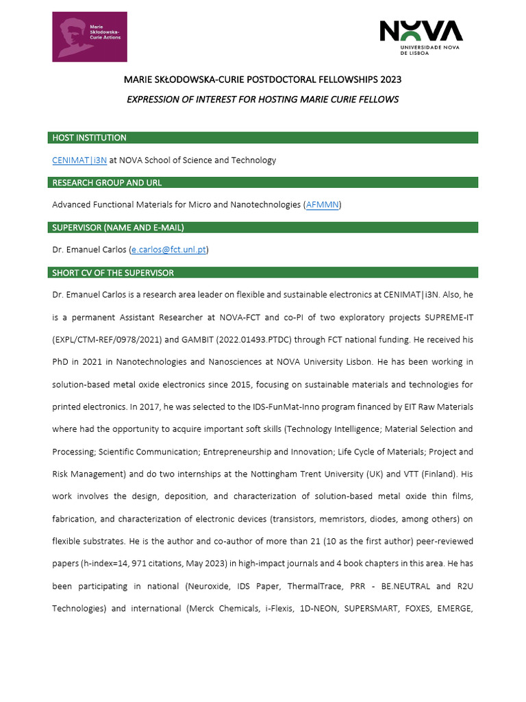 8 Msca PF 2023 Eoi Emanuel Carlos | PDF | Nanotechnology | Physical Sciences