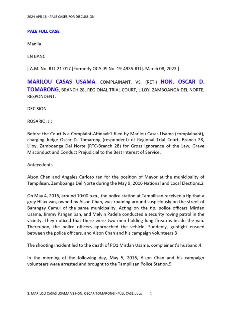 Marilou Casas Usama VS Hon. Oscar Tomarong - Full Case | PDF | Bail | Habeas Corpus