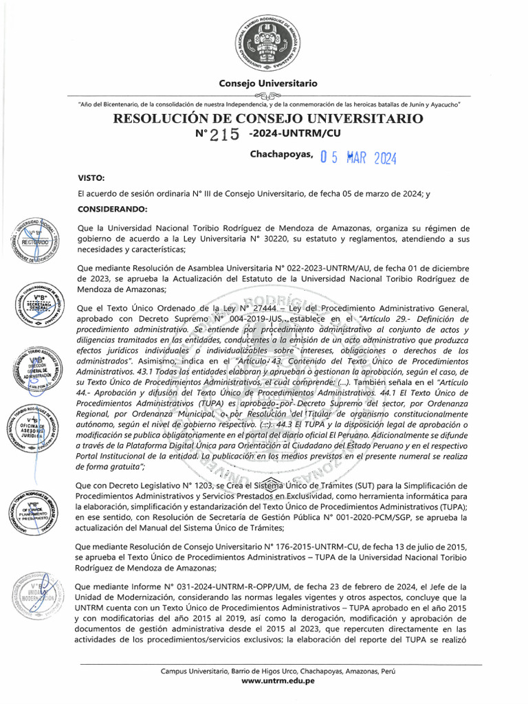 R.C.U N°215-2024 Aprobar Texto Único de Procedimientos Administrativos ... R.C.U N°215-2024 Aprobar Texto Único de Procedimientos Administrativos ...