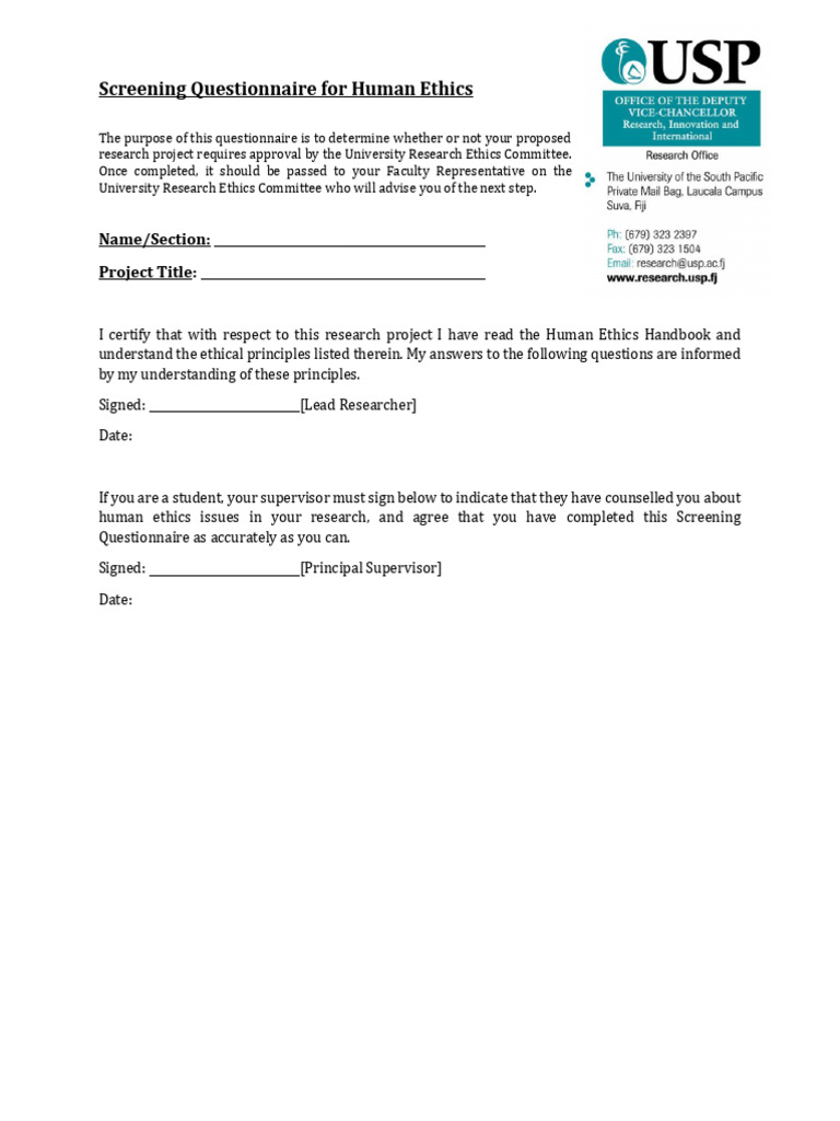Human Ethics Screening Questionnaire | PDF | Informed Consent ...