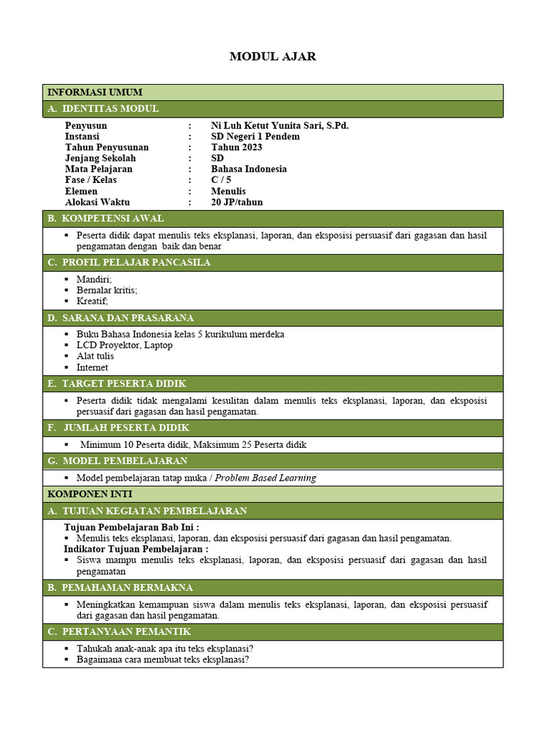 MODUL AJAR 2 YUNITA - KLS 5 - BHS INDO - Teks Eksplanasi | PDF