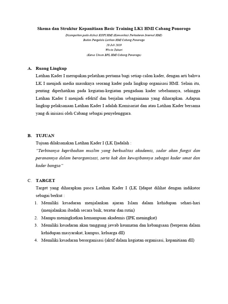 Skema Dan Struktur Kepanitiaan Basic Training LK1 HMI Cabang Ponorogo | PDF | Karier & Perkembangan