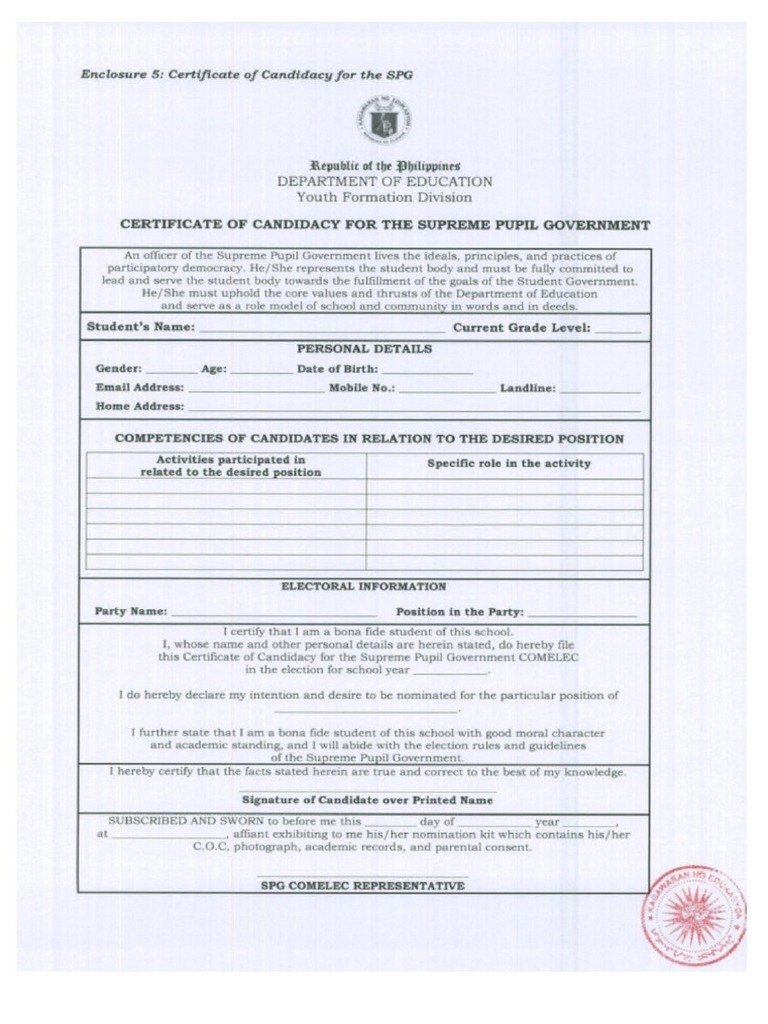 Certificate of Candidacy SELG | PDF